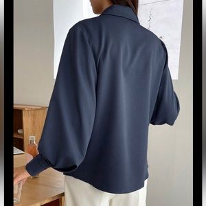 Tops | Navy Blue Button Up Collared Puff Sleeve Blouse Shirt | Poshmark